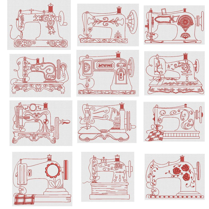 Redwork Embroidered Quilt Blocks – Vintage Sewing Machines (Set of 12)