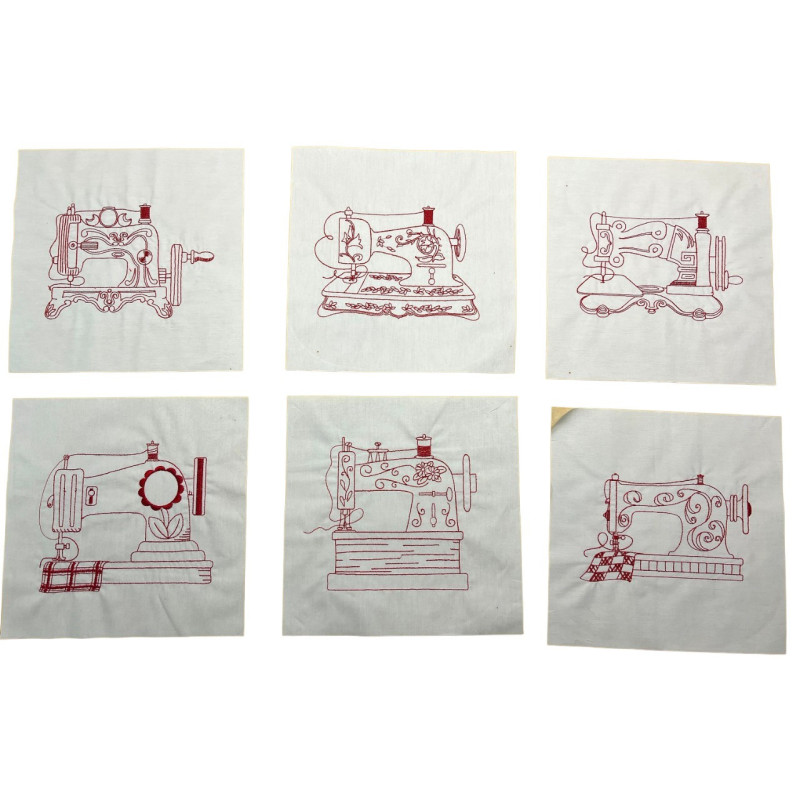 Redwork Embroidered Quilt Blocks – Vintage Sewing Machines (Set of 12)